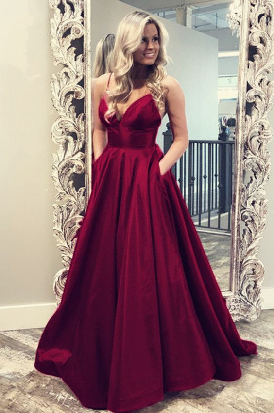 Spaghetti Straps V Neck Long Prom Dress With Pockets on Luulla